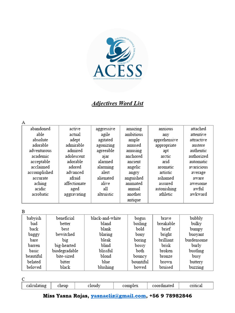Adjectives Word List Alphabetical Order | PDF