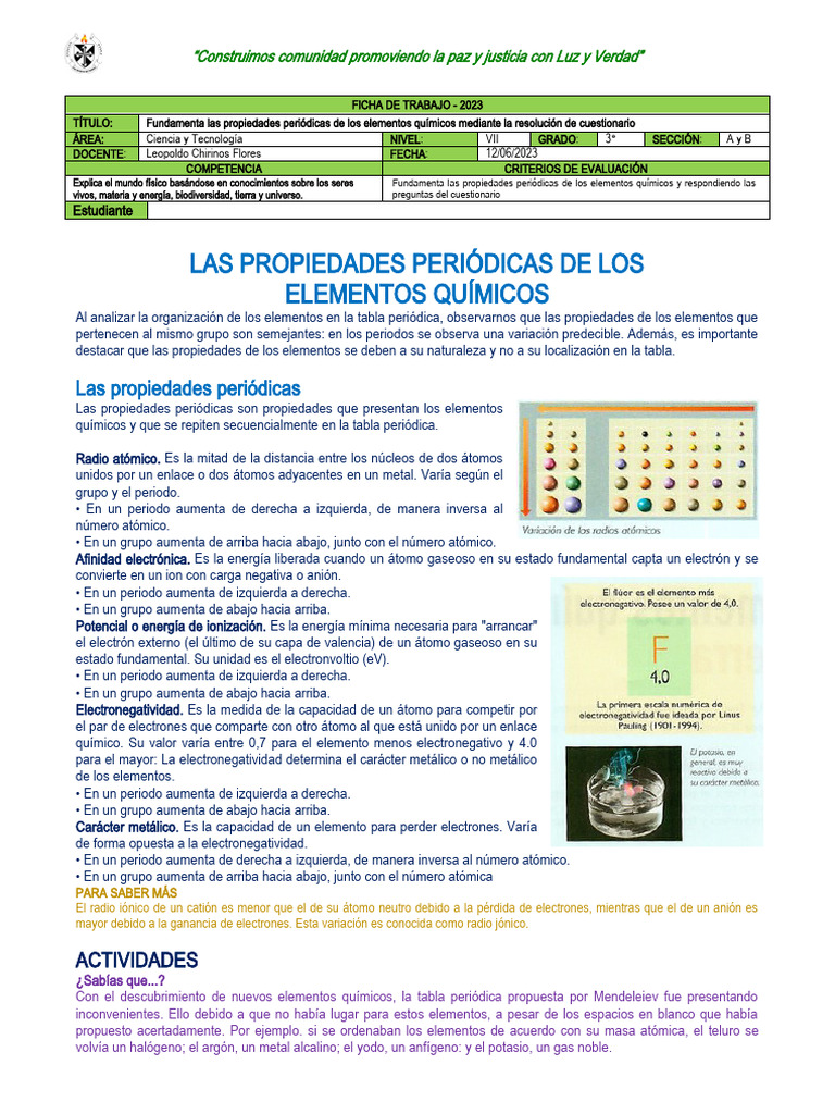 FICHA N° 14 LAS PROPIEDADES PERIÓDICAS DE LOS ELEMENTOS QUÍMICOS 12-JUN ...