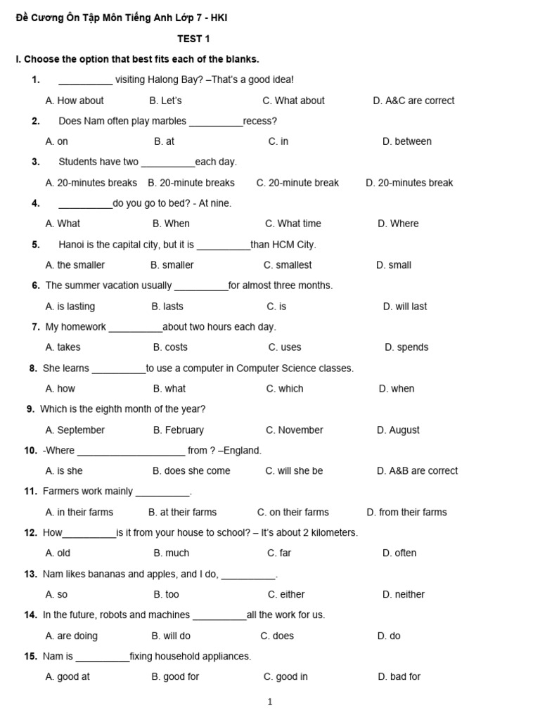 Đề Cương Ôn Tập Môn Tiếng Anh Lớp 7 hk1 | PDF | Language Arts & Discipline | Foreign Language ...