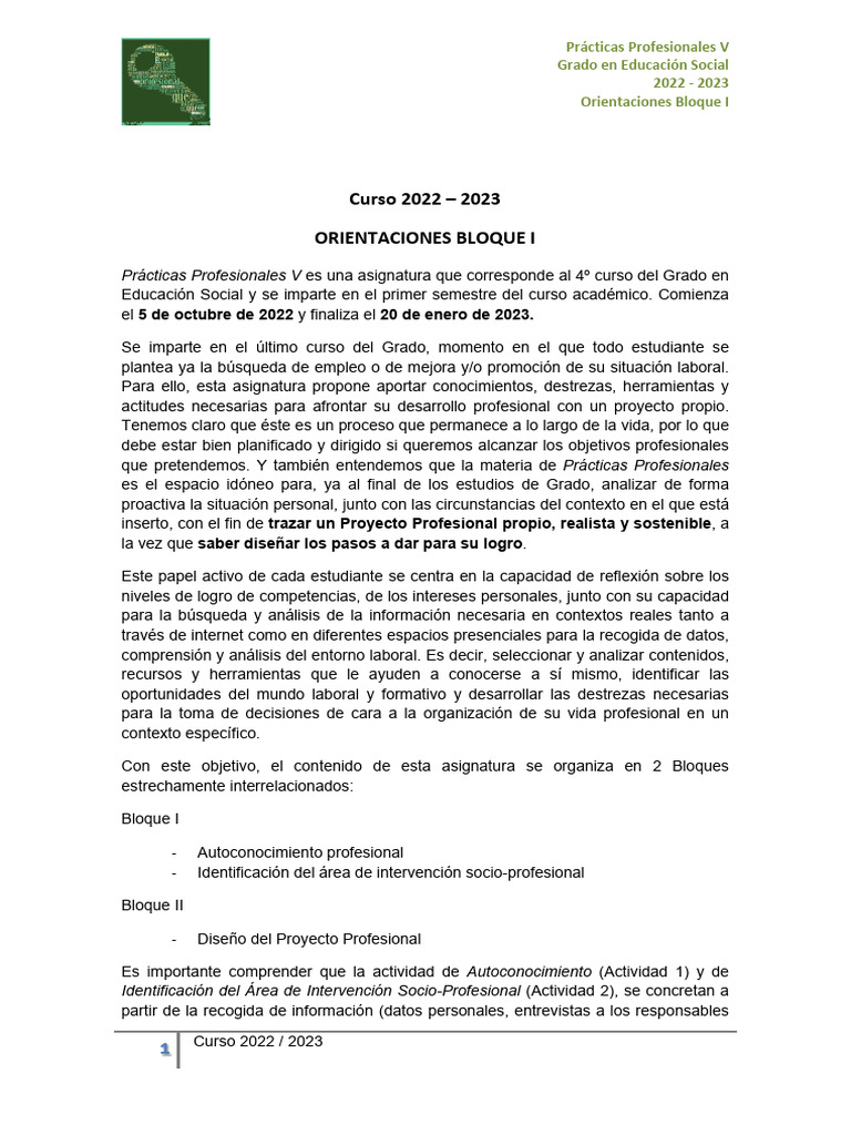 Prácticas Profesionales V (Instrucciones Bloque I) | PDF | Plan de estudios | Maestros