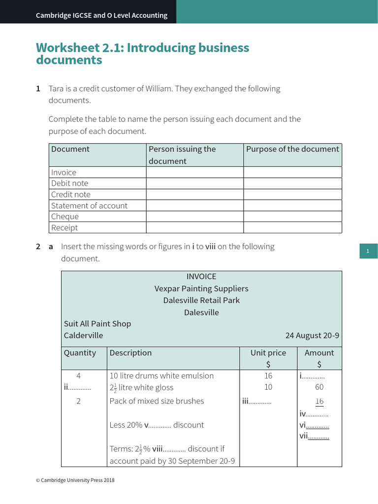 Worksheet 2.1 Introducing Business Documents | PDF | Debits And Credits ...