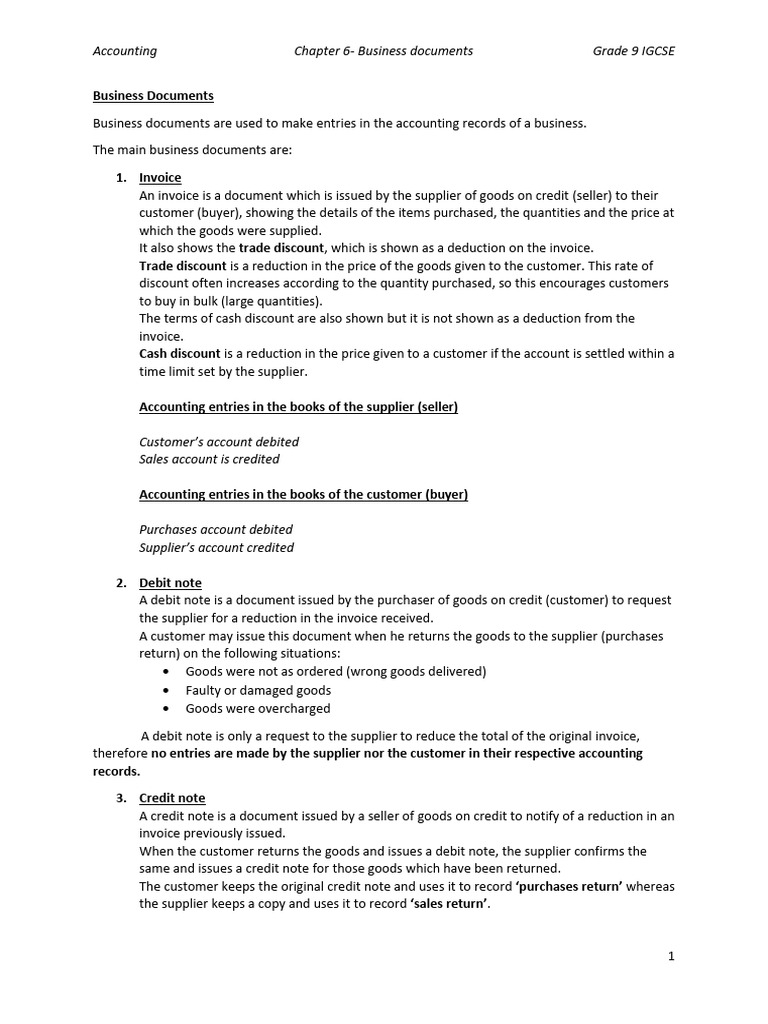 IGCSE Accounting: Business Documents | PDF | Debits And Credits | Invoice