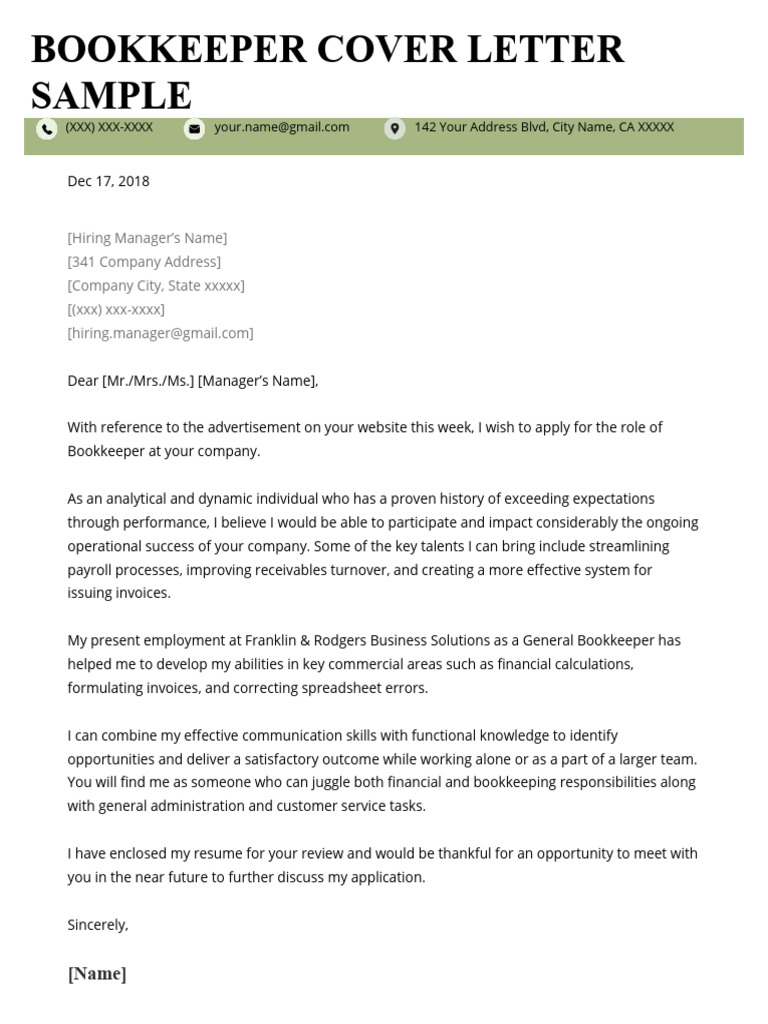 Bookkeeper Cover Letter Example | PDF