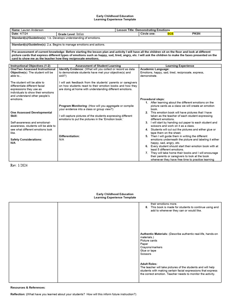 Ece Lesson Plan Template 5 1 | PDF | Emotions | Lesson Plan