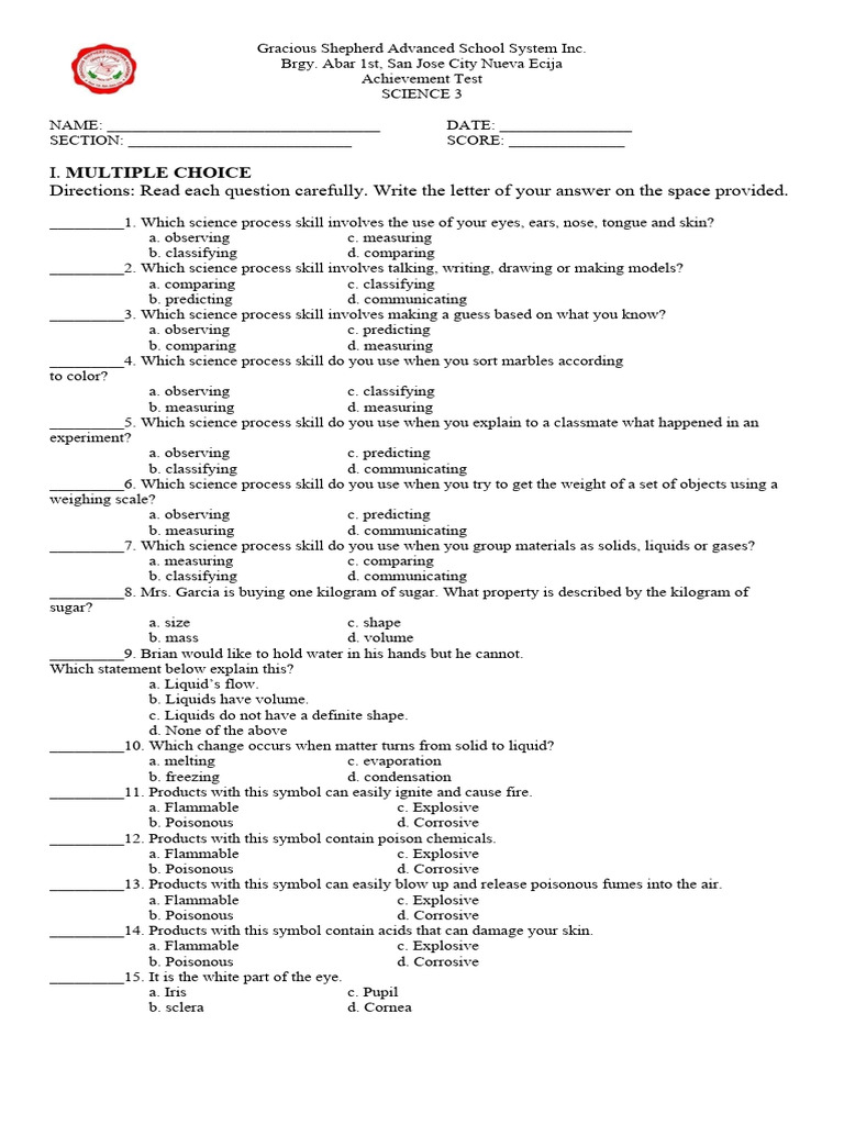 Science 3 Achievement Test Questions | PDF | Ear | Eye