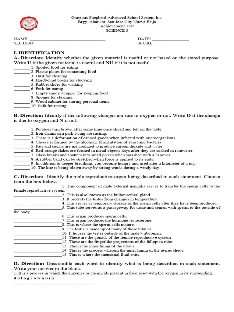 Achievement Test Science 5-2023 | PDF | Organ (Anatomy) | Glands