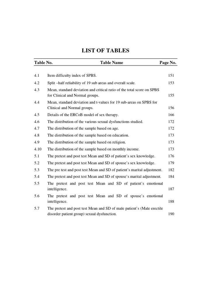 06 - List of Tables | Download Free PDF | Sexual Dysfunction | Sexology