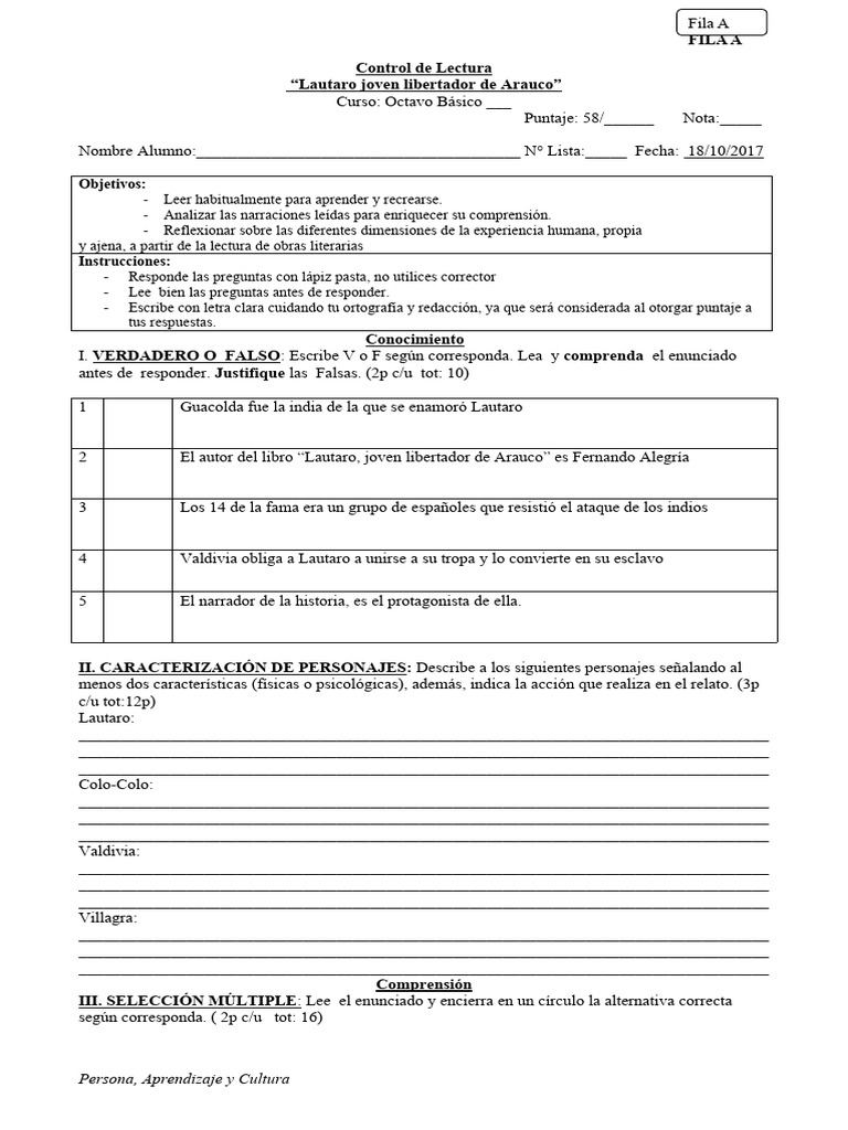 Prueba 8° LAUTARO JOVEN LIBERTADOR DE ARAUCO FA | PDF