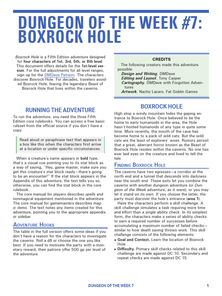 DMDave - Dungeon of The Week 7 - Boxrock Hole - Free Version | PDF | Copyright | License