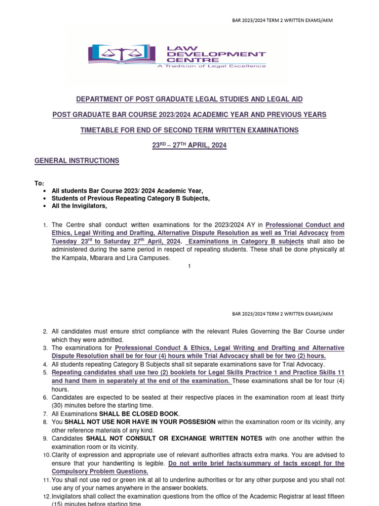 Amended Timetable For End of Second Term Written Exams - 2023-2024 AY 2 ...