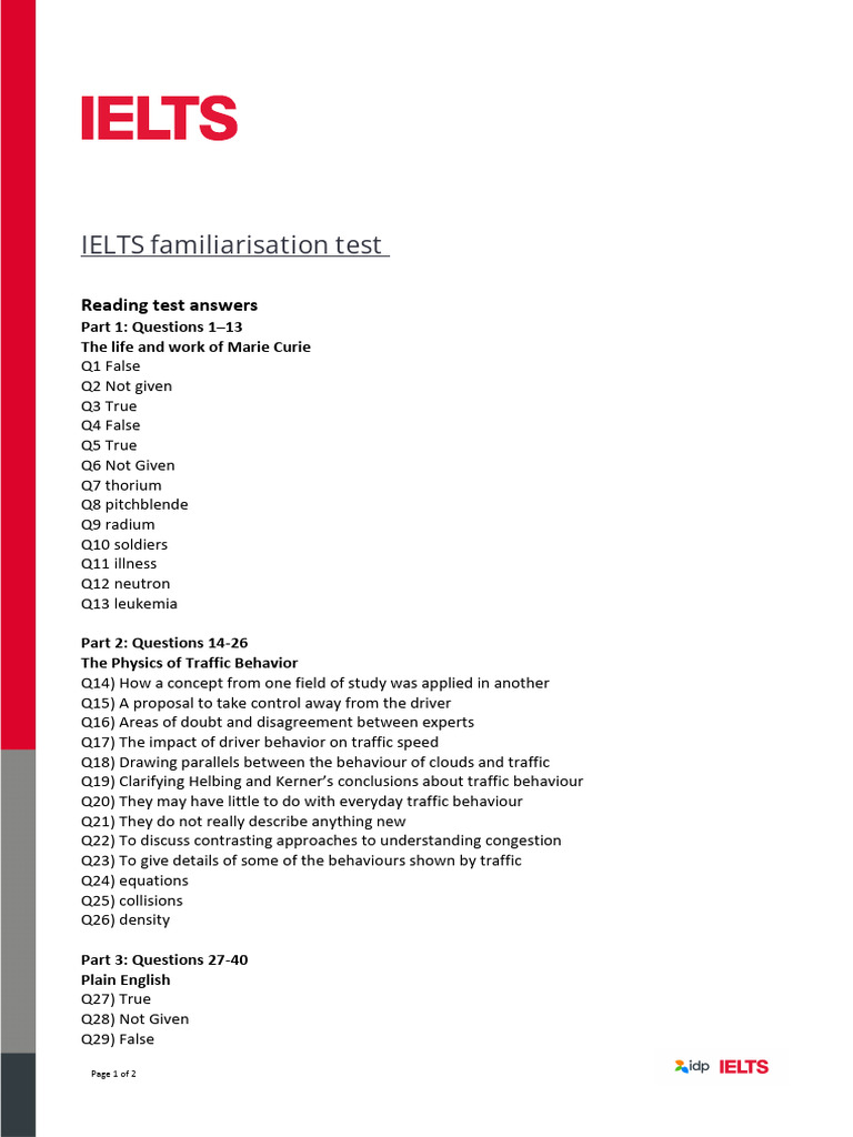 IELTS Familiarisation Test Reading Answers | PDF