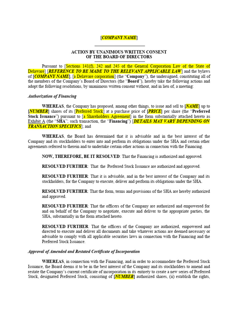 Unanimous Written Consent for Financing | PDF | Stocks | Preferred Stock