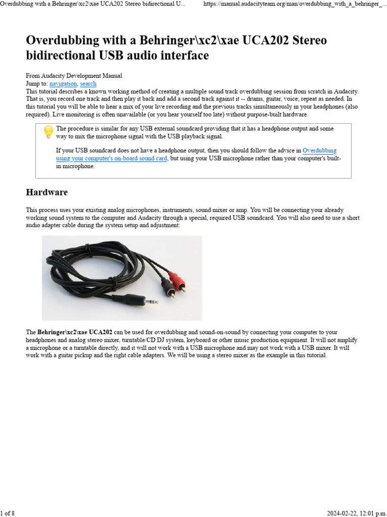Audacity Manual - Overdubbing With A Behringer UCA202 Stereo ...