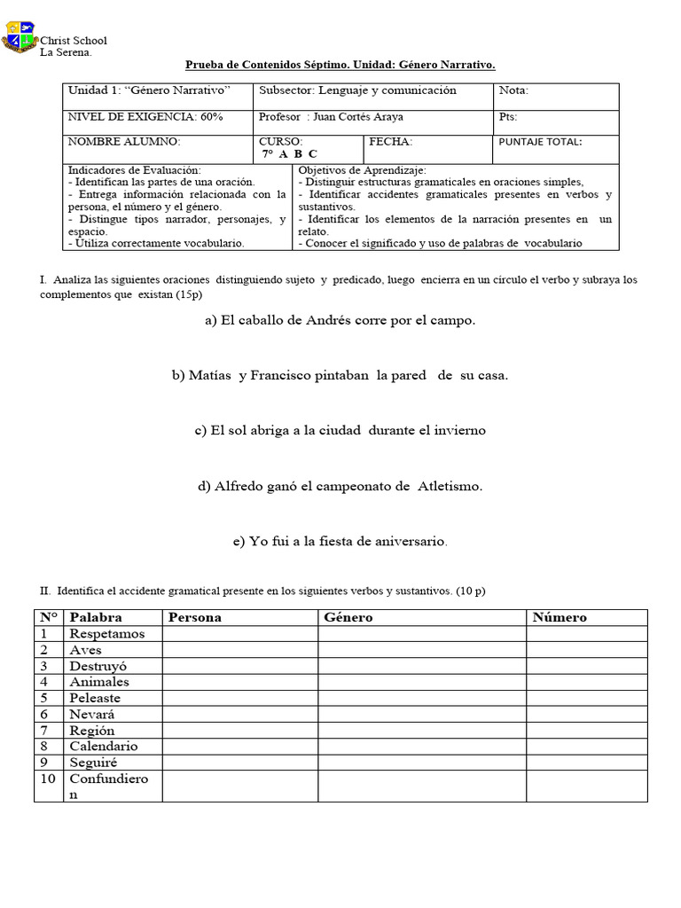 Prueba 7 Unidad Narrativa | PDF | Verbo | Oración (Lingüística)