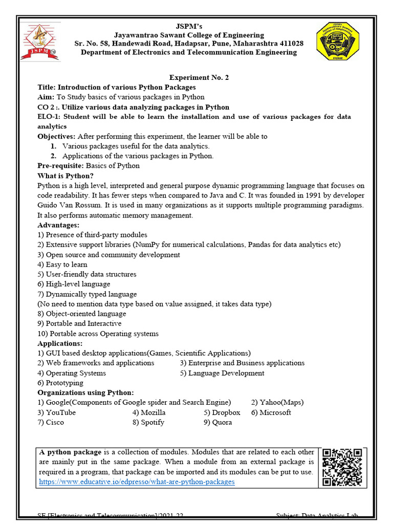 Experiment No 2 Introduction To Various Python Packages and Their Basic Use | PDF | Python ...