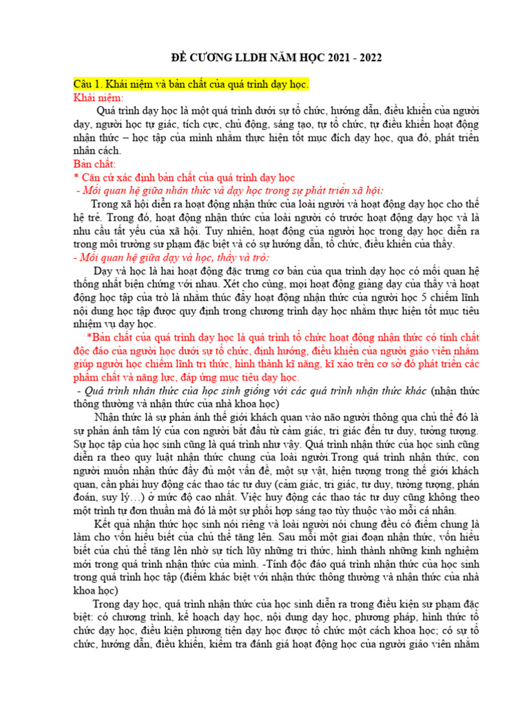 Đề Cương Lldh Năm Học 2021 | PDF