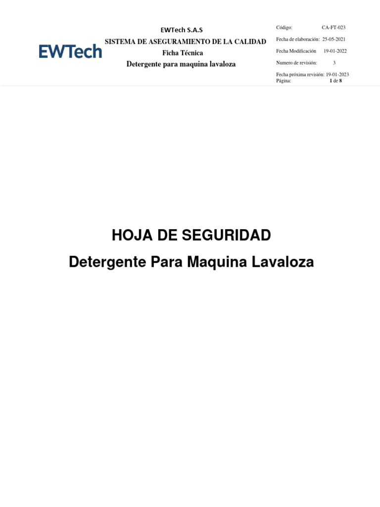 CA-hs-023 Hoja de Seguridad Detergente Para Maquina Lavaloza | PDF ...