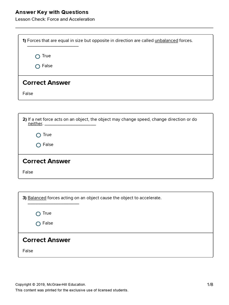 Lesson Check Force and Acceleration Answer Key | PDF | Force | Acceleration