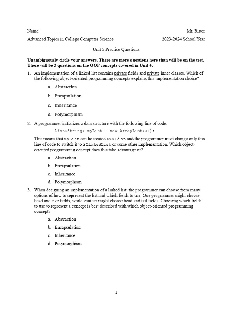 Unit 5 Practice Questions 1 | PDF | Inheritance (Object Oriented ...