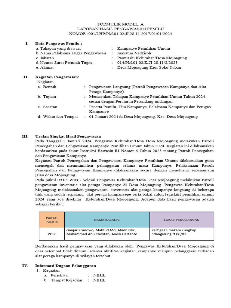 Laporan Patroli Kampanye Desa Mojoagung | PDF