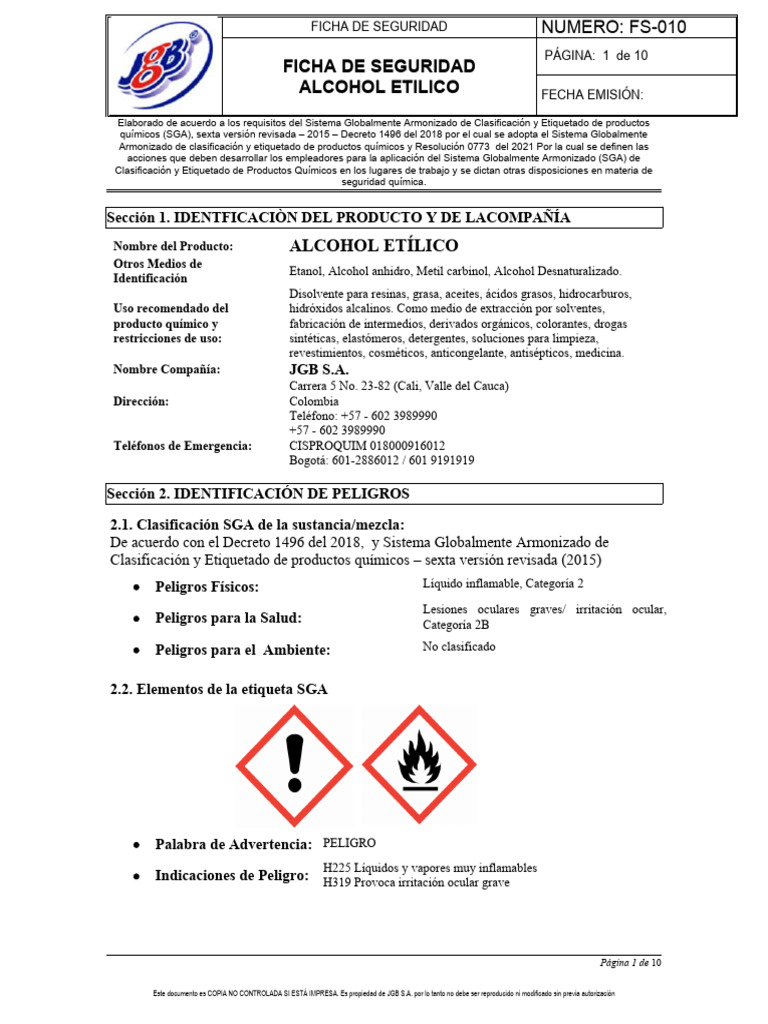 Ficha de Seguridad: Alcohol Etílico | PDF | Etanol | Agua