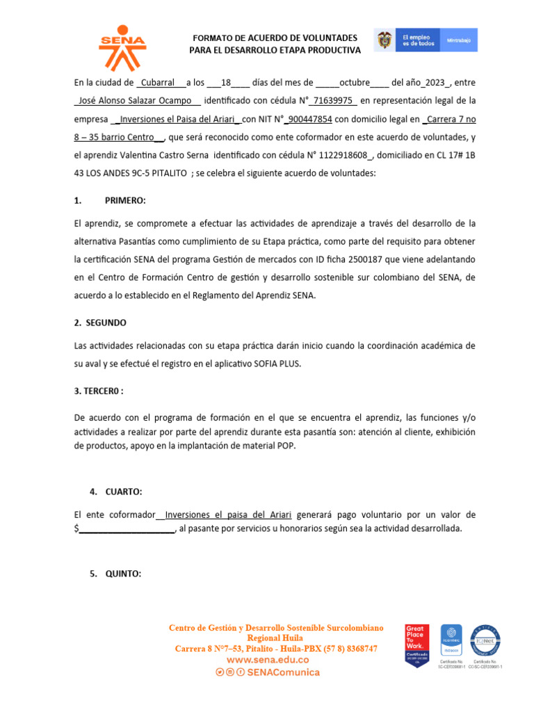 Formato Acuerdo de Voluntades | PDF | Negocios