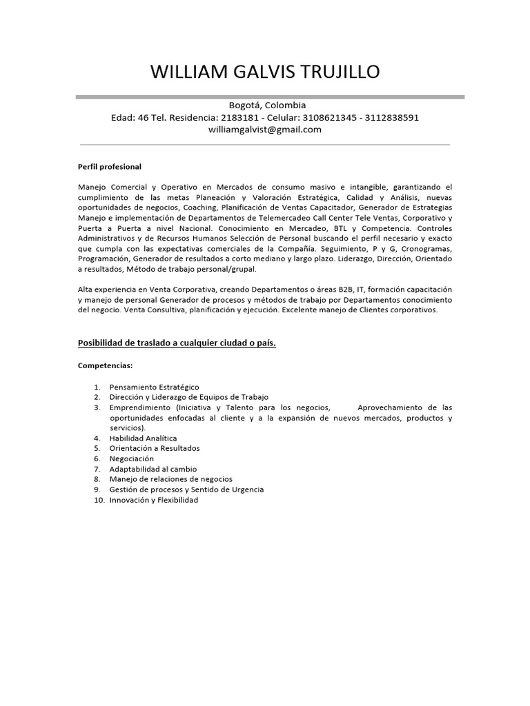 Hoja de Vida William Galvis PDF | PDF | Marketing | Business