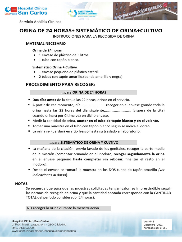 Instrucciones para Recogida de Orina | PDF | Salud y bienestar