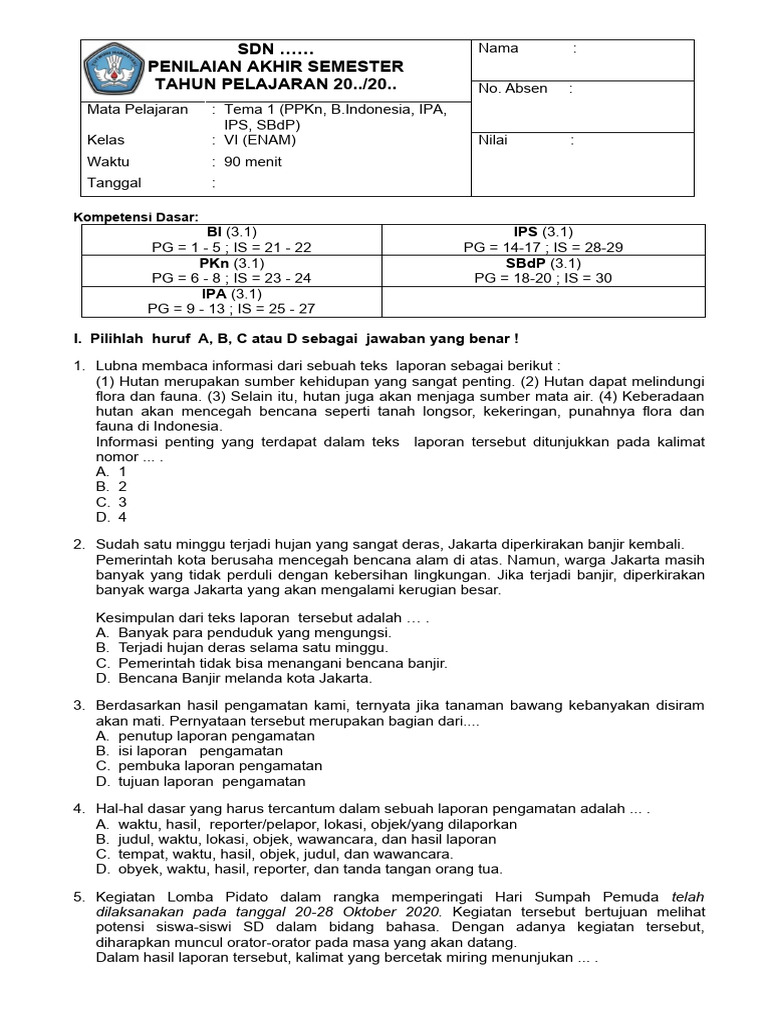 SOAL PAS KELAS 6 TEMA 1 v2 | PDF