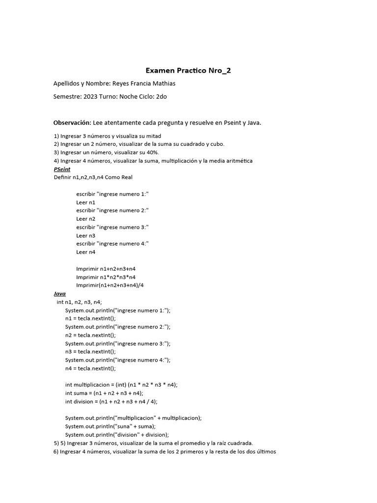 Ejercicios de Programación en Pseint y Java | PDF | Métodos y materiales de enseñanza