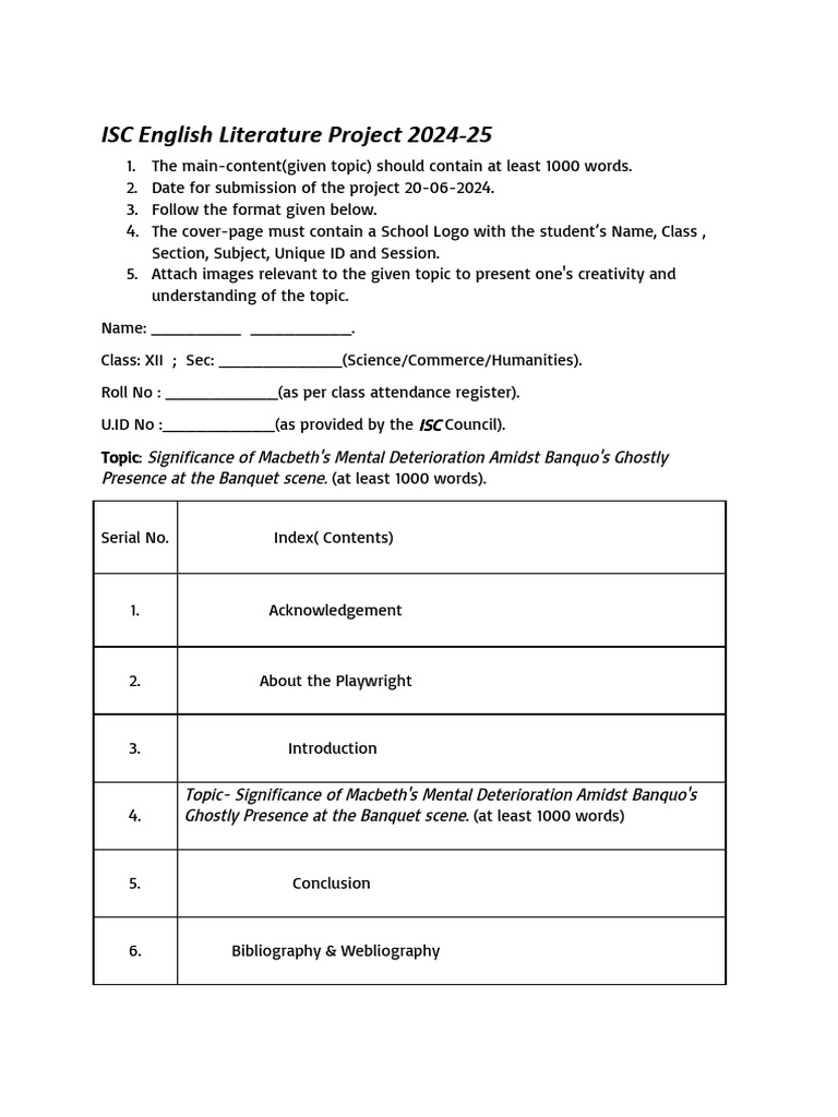 LAYOUT OF ISC ENGLISH 2 PROJECT FOR MACBETH | PDF