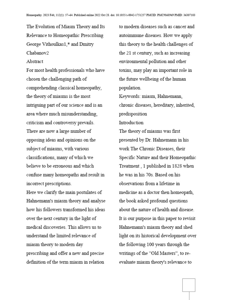 Evolution of Miasm Theory | PDF | Homeopathy | Infection