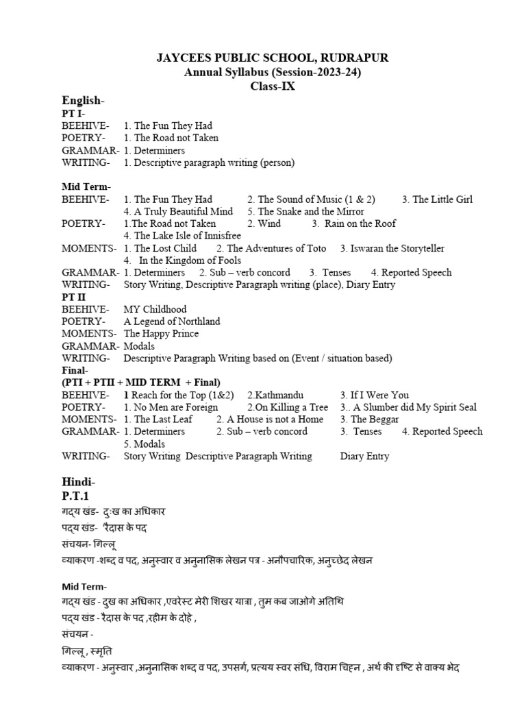 Class IX Annual Syllabus 2023-24 | PDF | System | Geometry