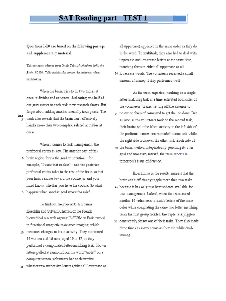 Reading SAT Test 1 | PDF