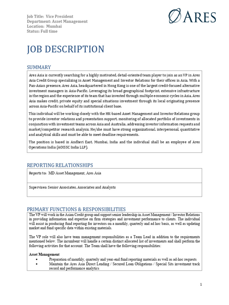 ARES-JD - VP Asset Management Ares Asia | PDF | Investment Management ...