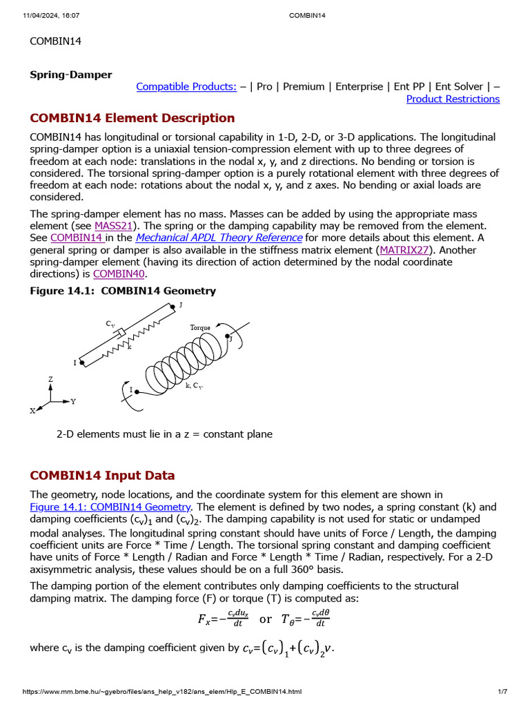 COMBIN14 Spring-Damper Element Guide | PDF | Force | Damping