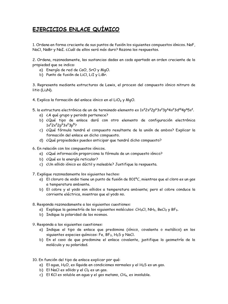 Ejercicios Tema 2. Enlace Químico | PDF | Compuestos químicos | Enlace ...