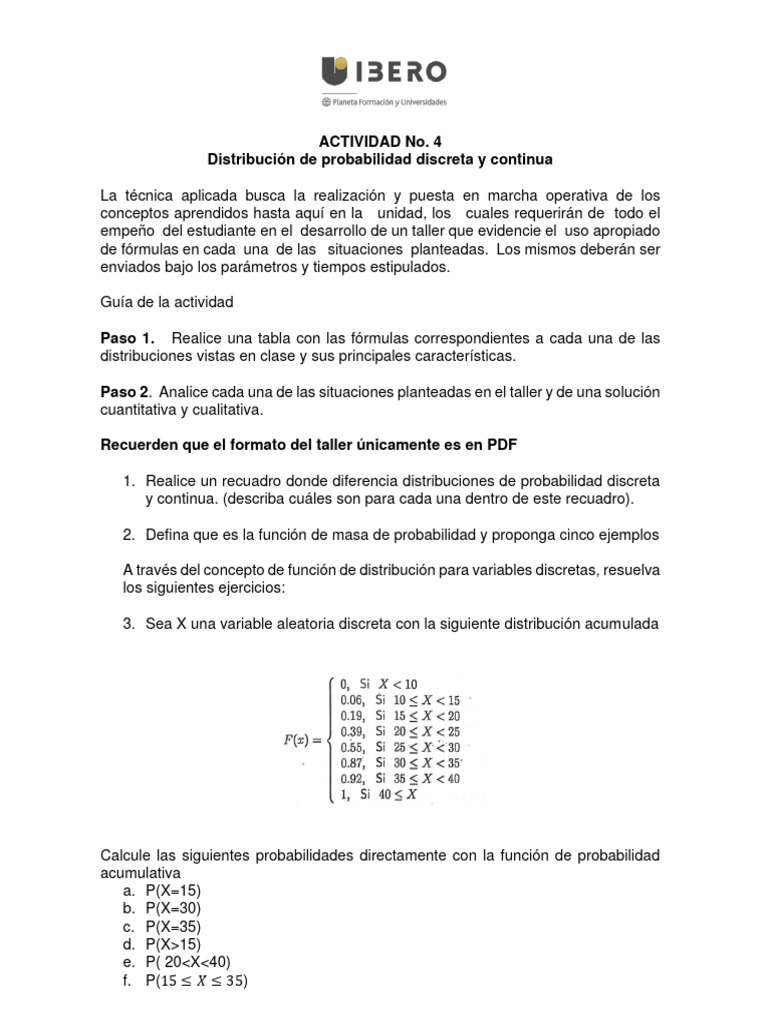 Actividad 4 Distgribución de Probabilidad Continua y Discreta | PDF | Probabilidad | Matemáticas