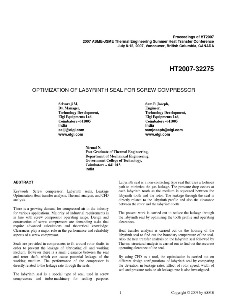 Optimization of Labyrinth Seal For Screw Compressor Ht2007-32275 | PDF ...