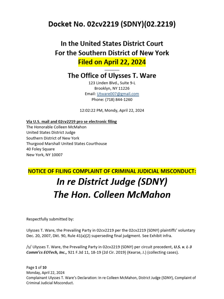 (02.2219) 4.22.24 Re in Re Colleen McMahon Complaint of Criminal Judicial Misconduct | PDF ...