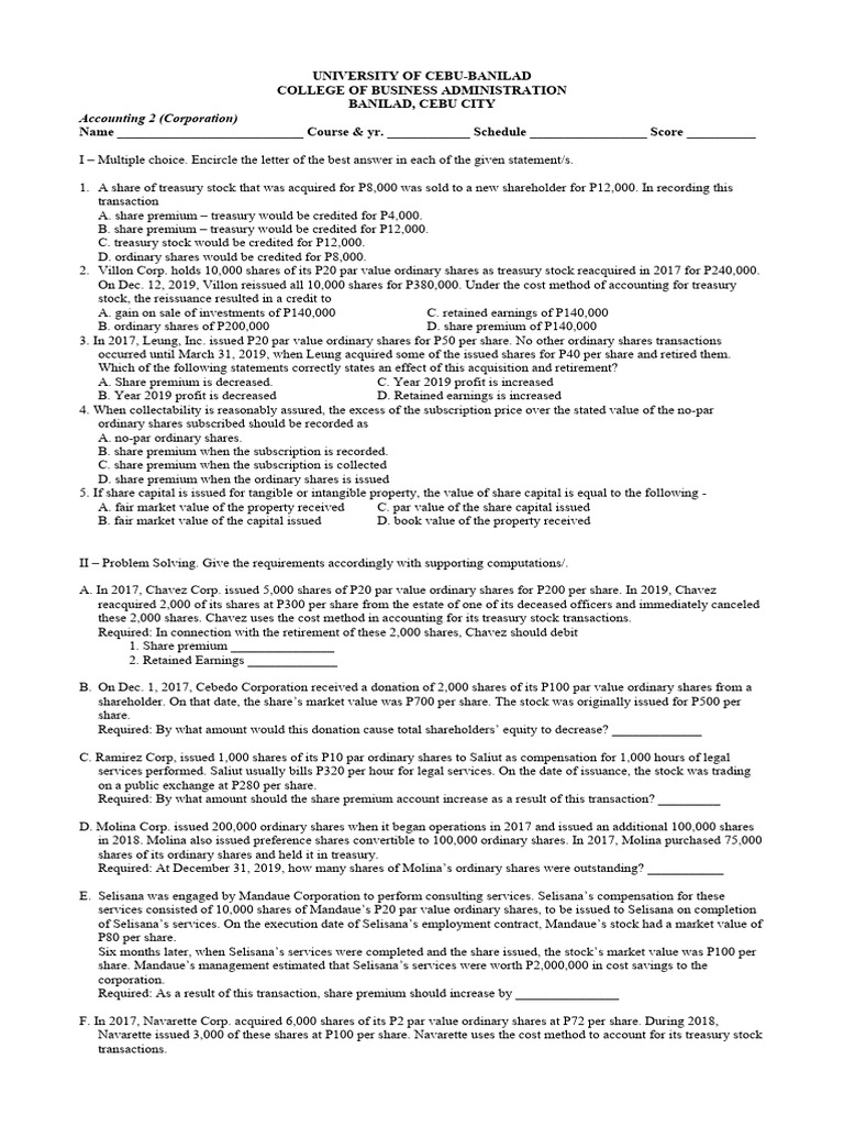 Corporation Quiz 2 Up To Journalizing | PDF | Treasury Stock | Stocks