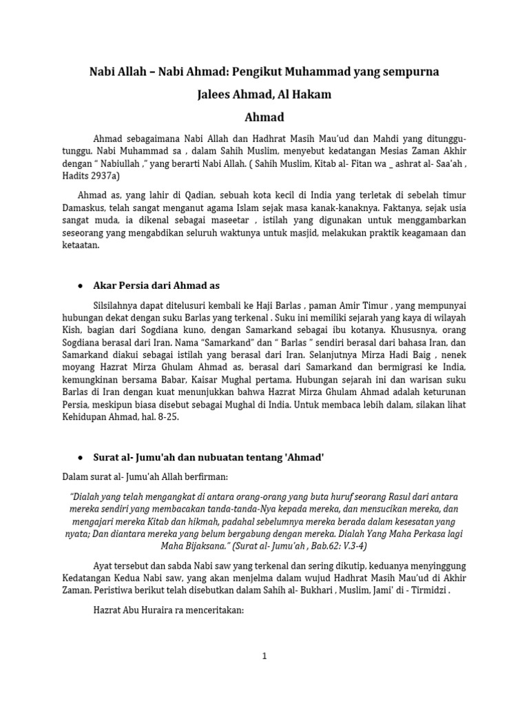 Nabi Ahmad: Pengikut Sempurna Muhammad | PDF | Filsafat | Sejarah