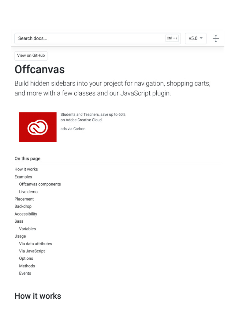 Side Nav Bar Offcanvas Bootstrap v5.0 | PDF | Java Script | Bootstrap (Front End Framework)