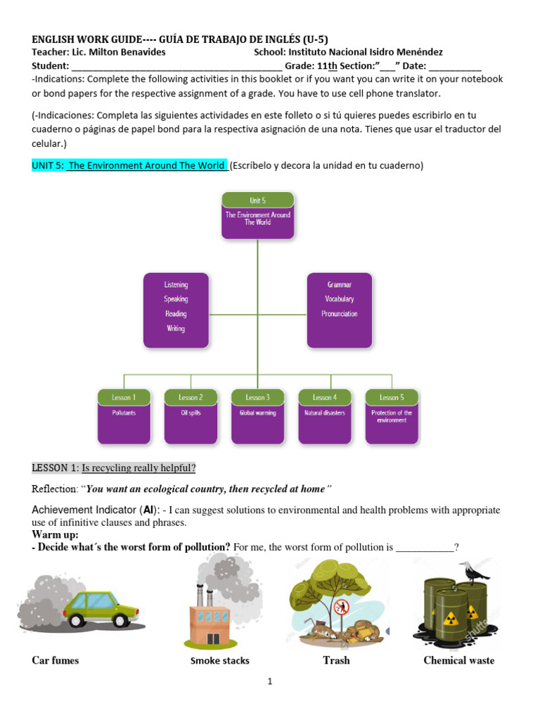 GUÍA DE TRABAJO INGLÉS 11TH U-5 L-1 To L-5 ST | PDF | Pollution | Verb