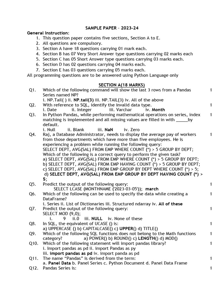 28 03 2024 Sample Paper Grade 12 Informatics Practices 2023 24 | PDF | Computer Data | Data ...