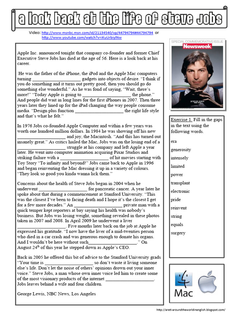 A Look Back at The Life of Steve Jobs Reading Comprehension Exercises ...