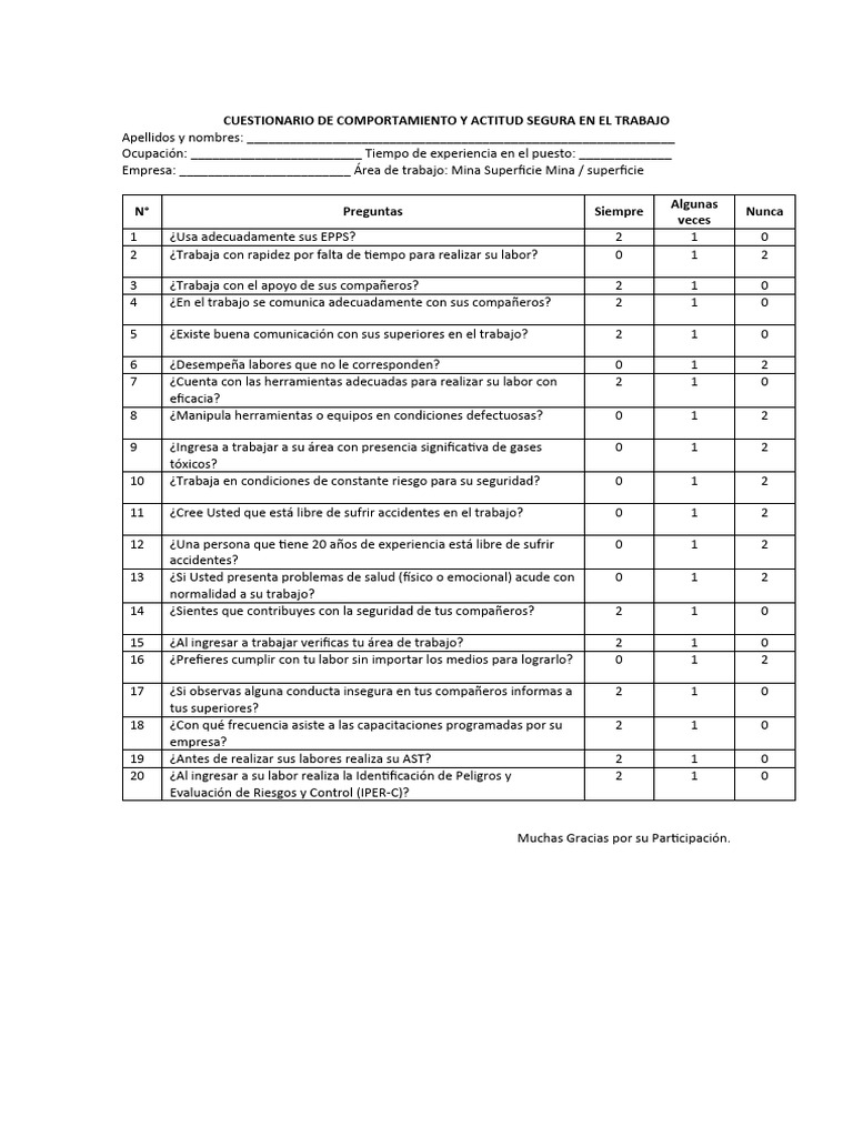 Cuestionario de Comportamiento y Actitud Segura en El Trabajo ...