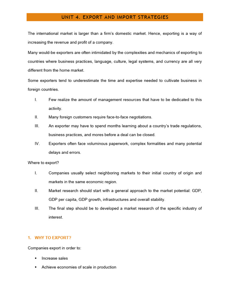 Tema 4. Export and Import Strategies | PDF | Exports | Market (Economics)