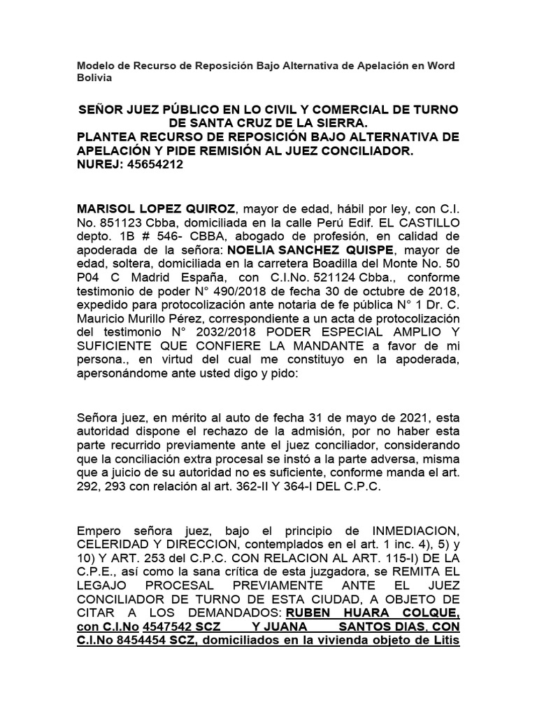 Modelo de Recurso de Reposición Bajo Alternativa de Apelación en Word ...