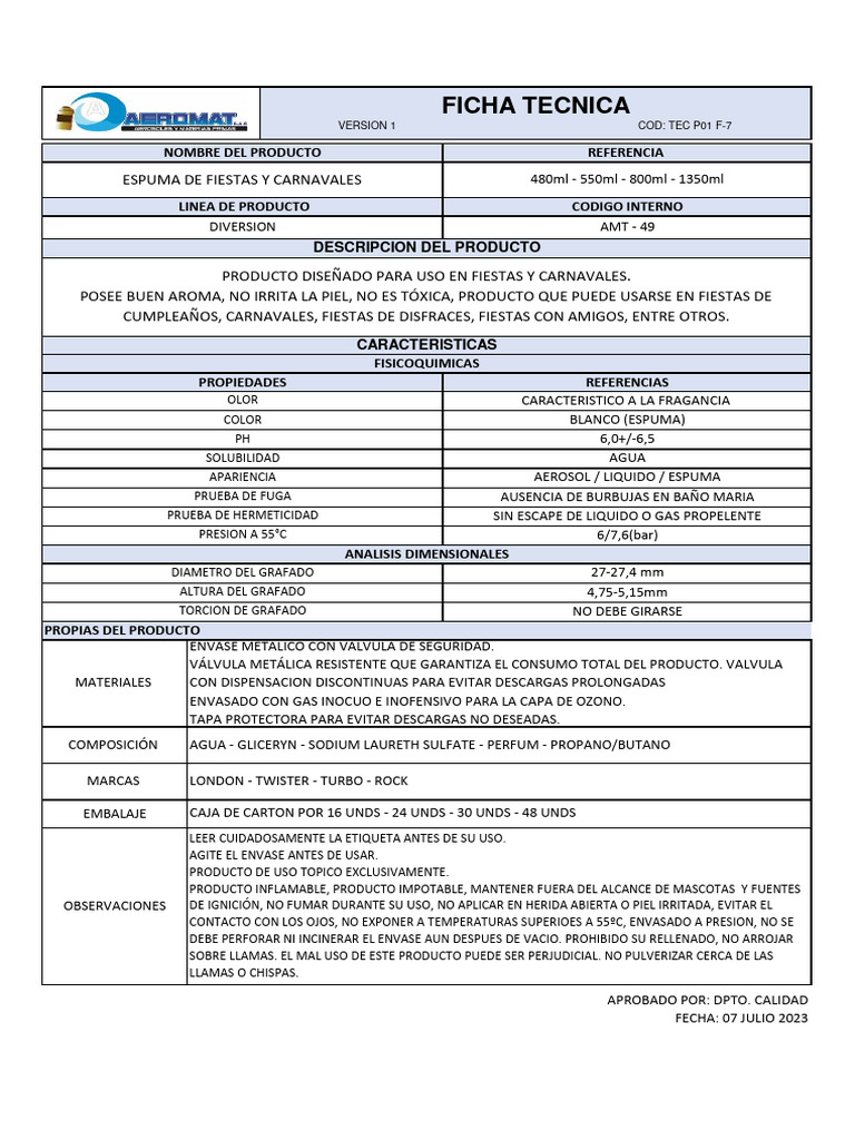 FICHA TECNICA DE ESPUMA DE FIESTAS Y CARNAVALES | PDF | Espuma | Materiales